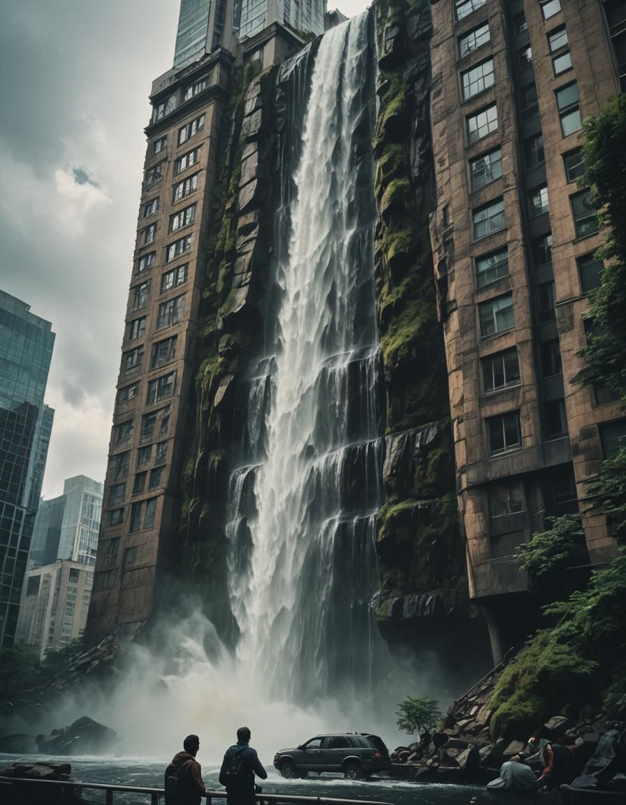 Urban Waterfall - Cinematic Waterfall Skyscraper in Film Sty...