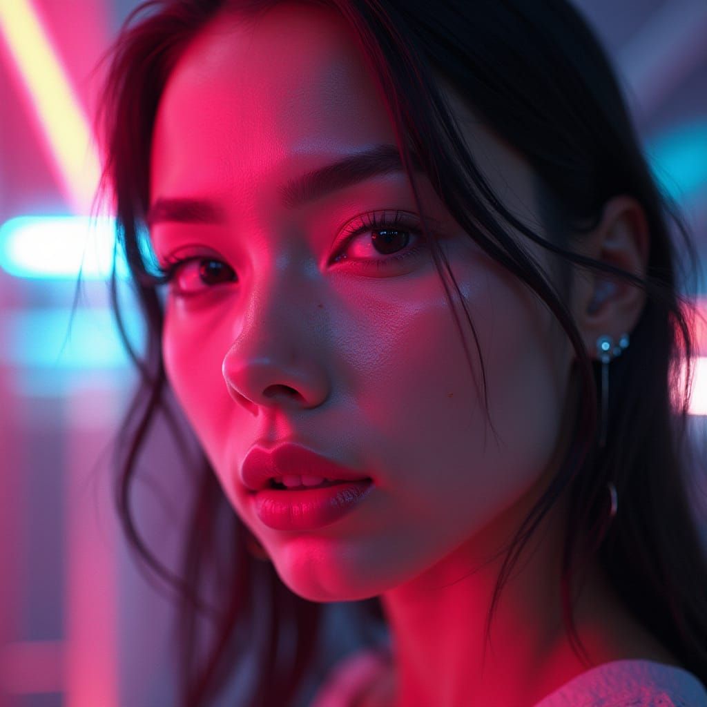 Close shot woman portrait. Neon lights.