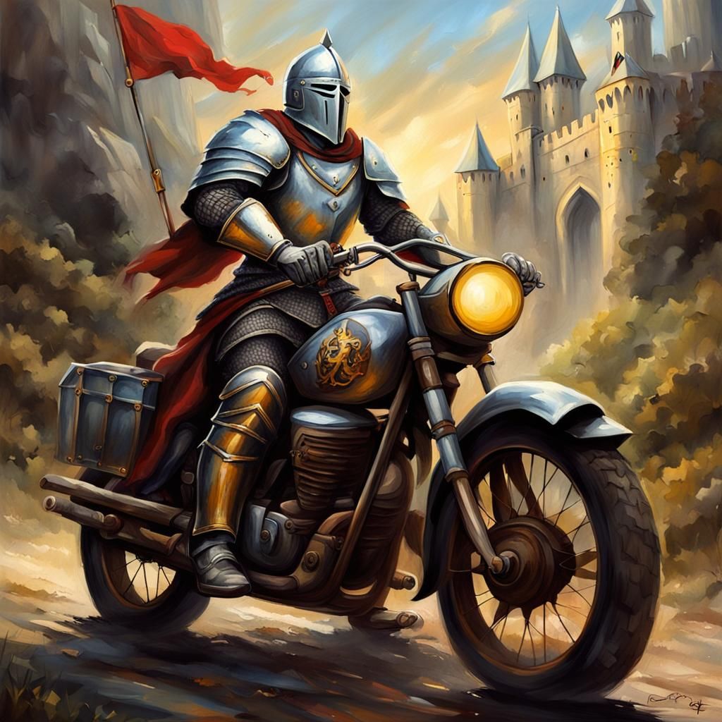 Medieval knight on motorcycle. - AI Generated Artwork - NightCafe Creator