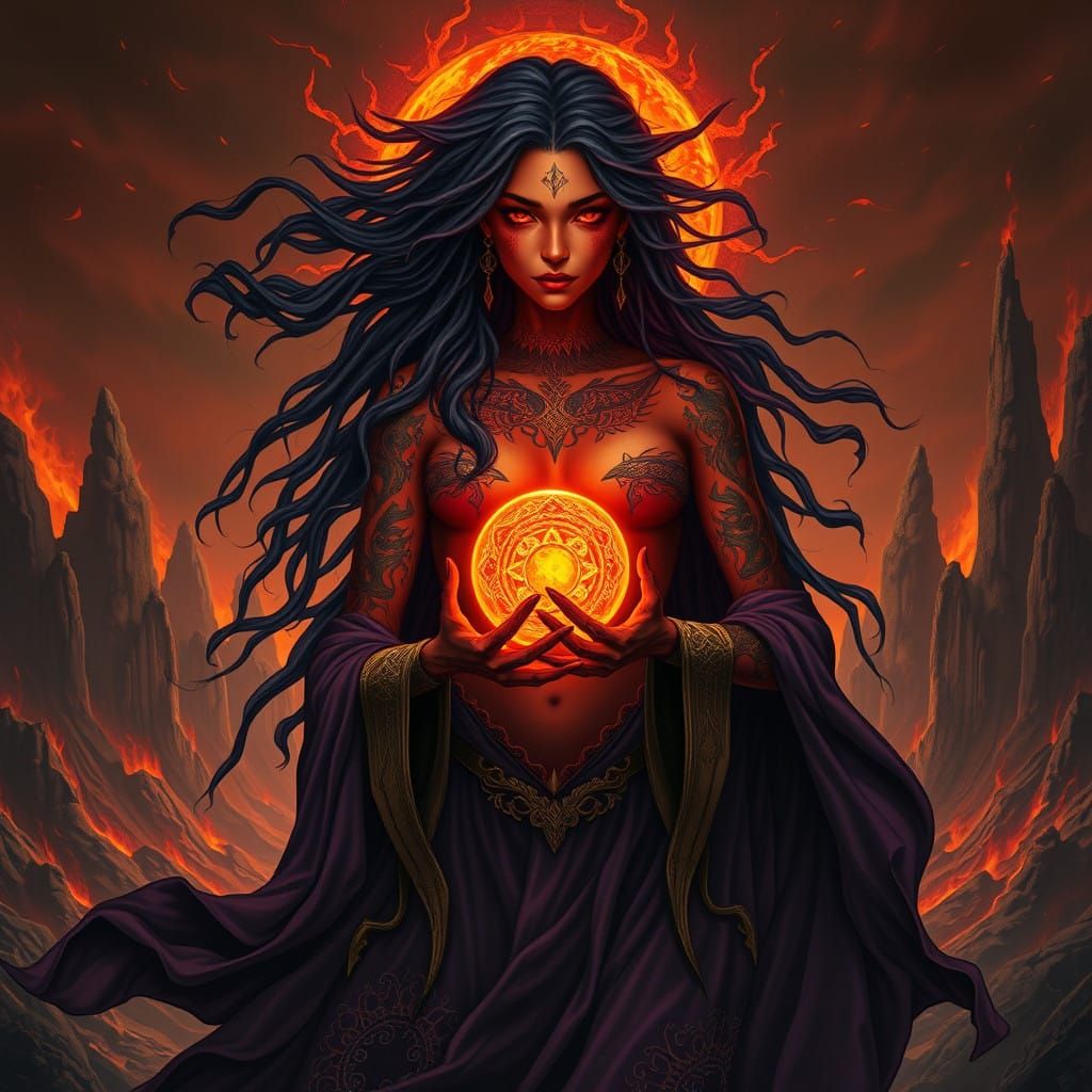 Fiery Hellish Goddess Holds Glowing Orb of Humanit... - AI Art