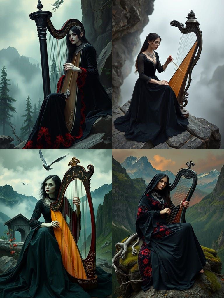 A goth woman musician who plays the harp, wearing long dress and a long ...