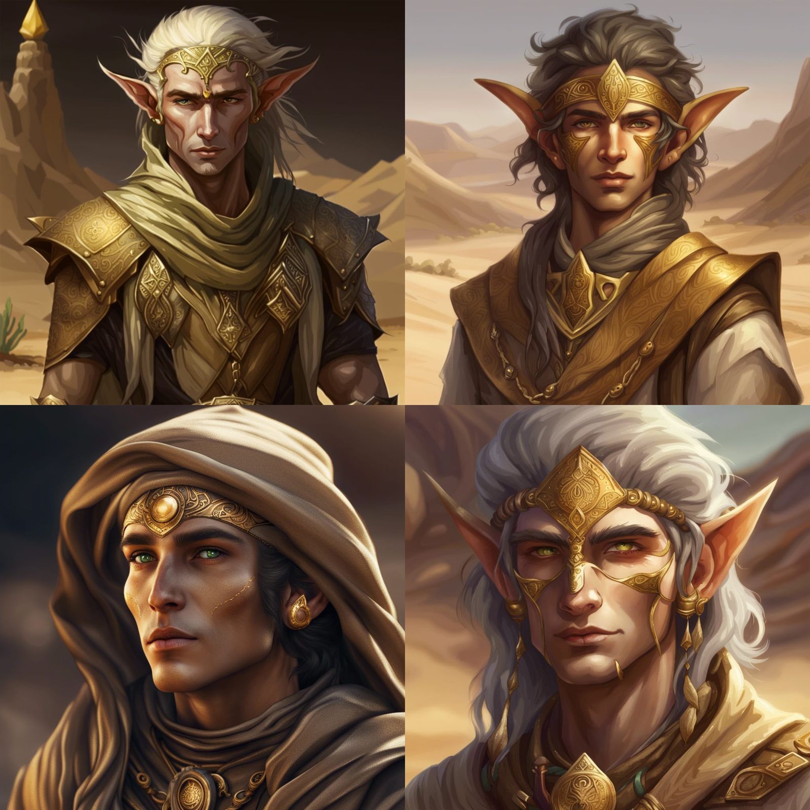 Desert wanderer elf with a wise, handsome face and gold in his eyes ...