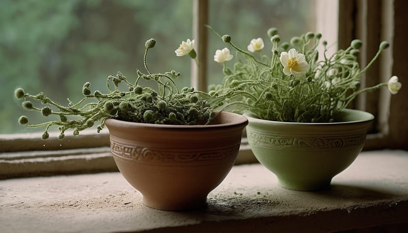 Inside a medieval potter's workshop at magic hour. Unfinished clay vessels sprout green vines ...