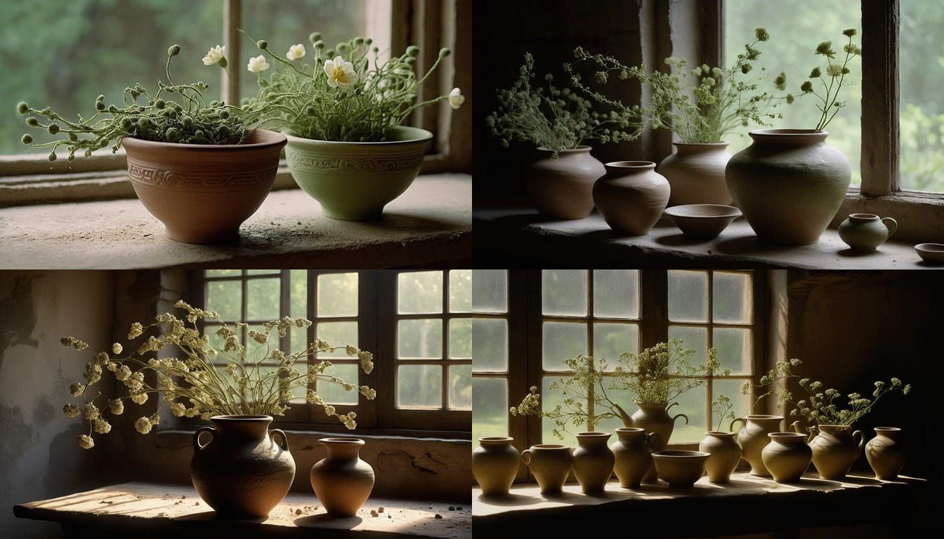 Inside a medieval potter's workshop at magic hour. Unfinished clay vessels sprout green vines ...