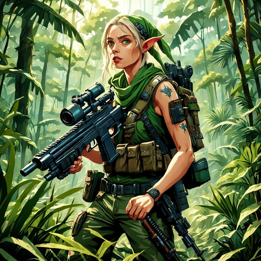 Mysterious Jungle Warrior: Elf with Assault Rifle - AI Art