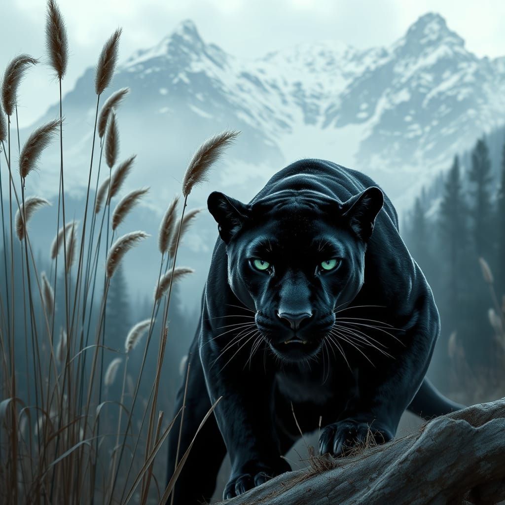 Sleek Panther in Tense Stalking Pose with Ethereal... - AI Art