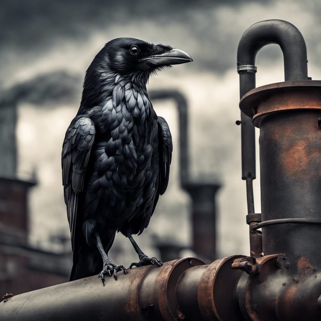 Portrait of a raven perched on a factory smoking a pipe - AI Generated ...