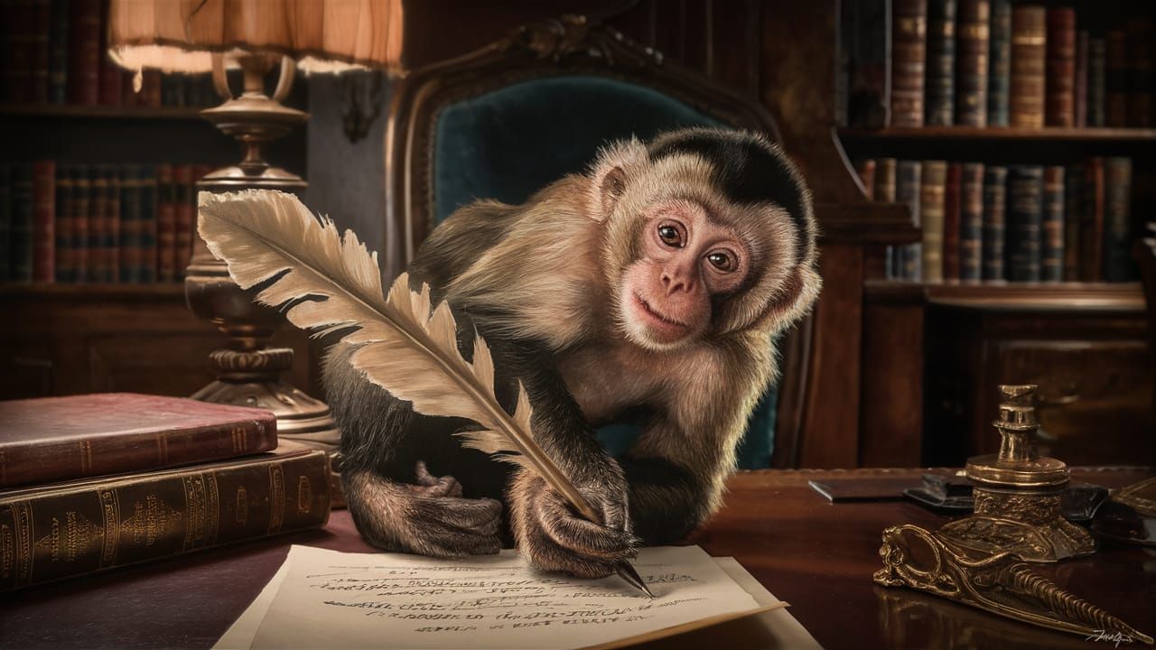 Capuchin monkey sits on an antique desk in an office, writing a letter ...