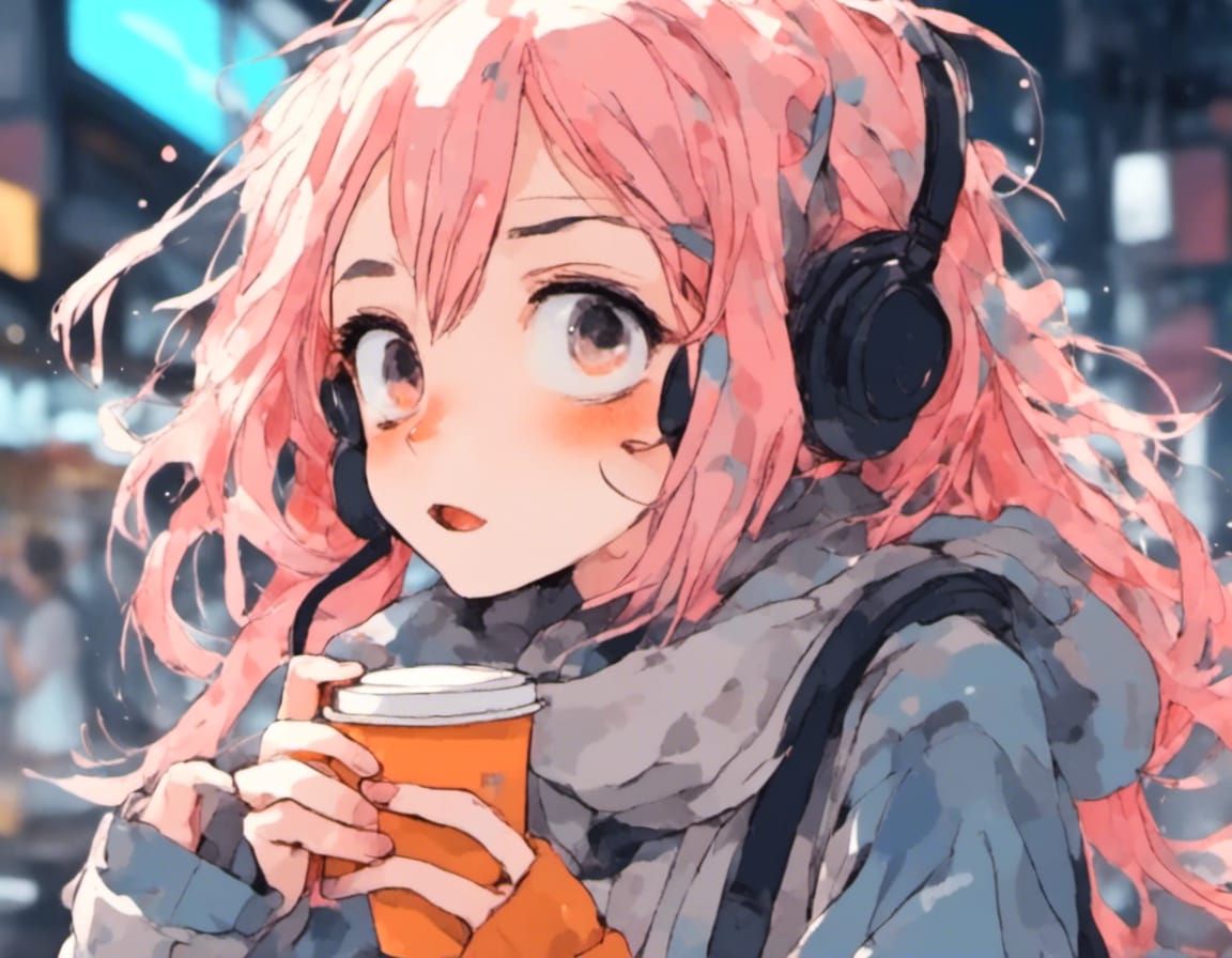 close up of goofy anime girl drinking coffee - AI Generated Artwork ...