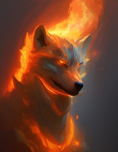 a glowing tornado of embers forming a fire wolf. head and shoulders ...