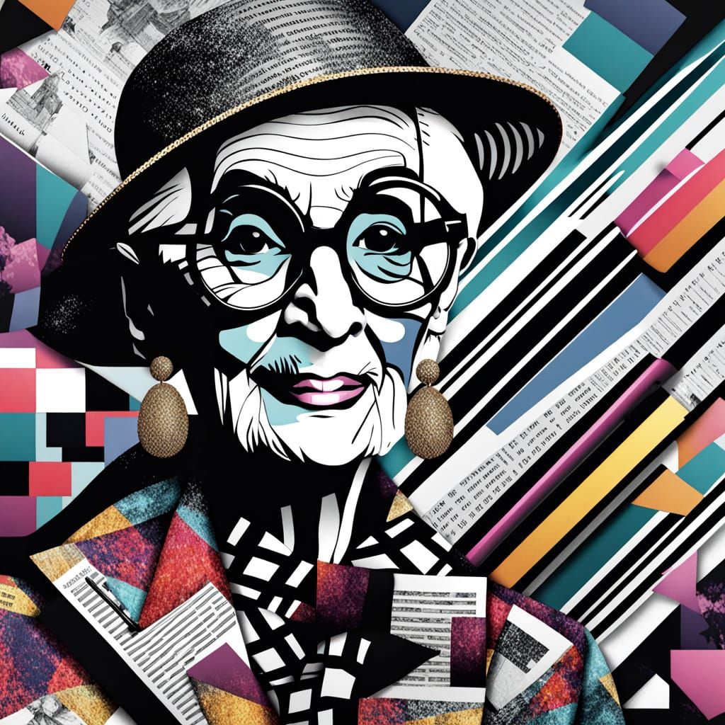 Iris Apfel, Pablo Picasso Amadeo Modigliani, suede texture, black and white newspaper print, ️ ️ ...