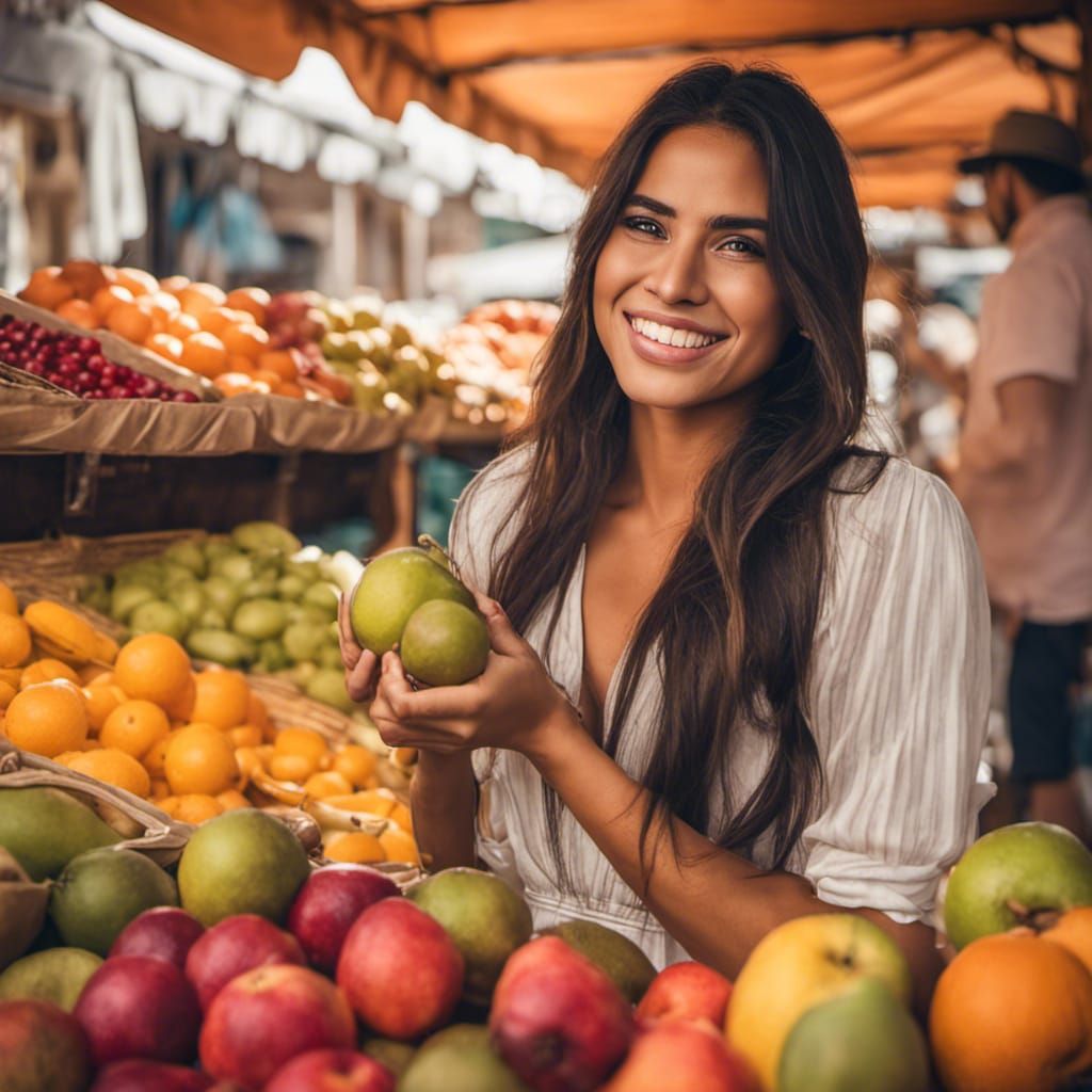 Beautiful young ecstatic latina woman selling fruits on a Marketplace ...