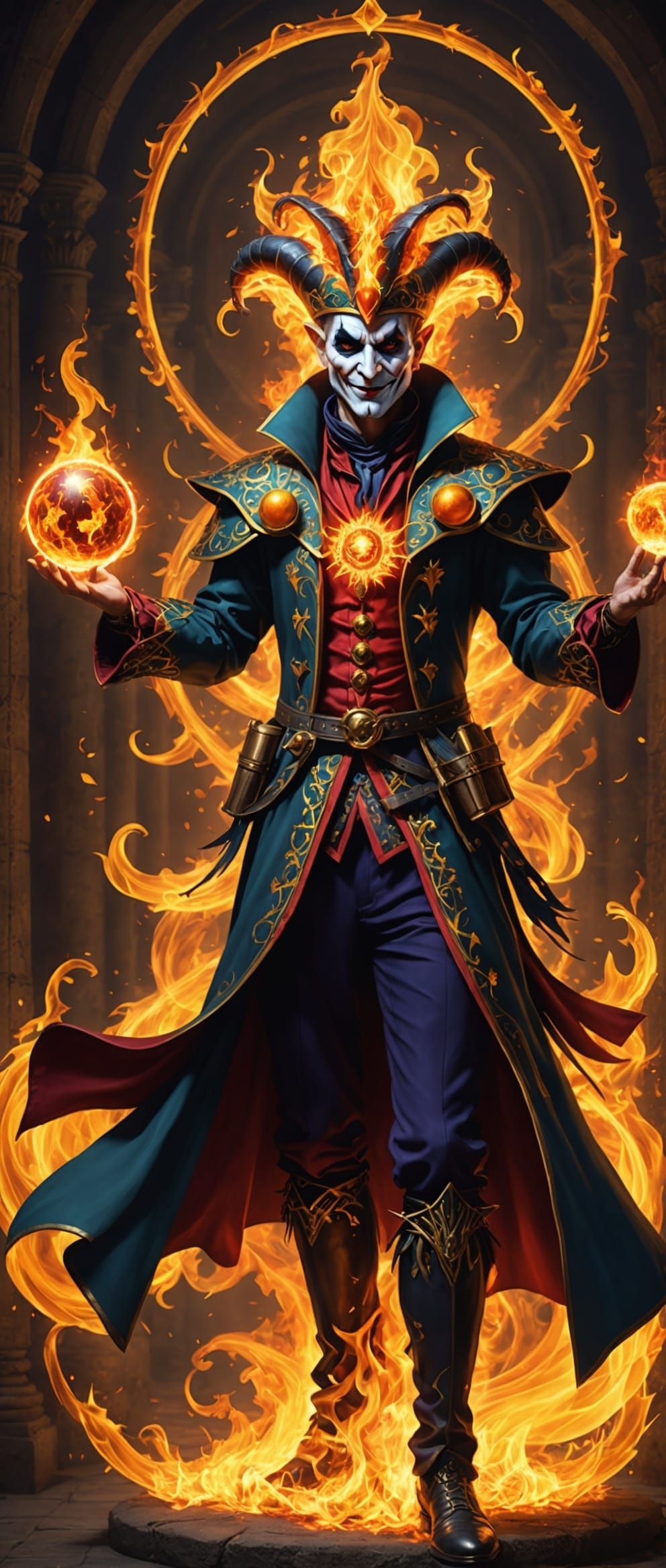 Jester magician:: performing magical spells with orbs of fire::fractal ...