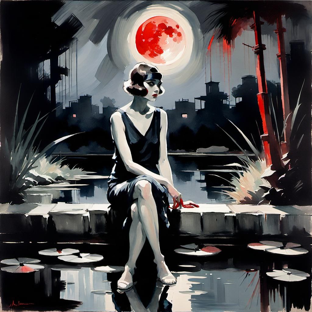 Watercolor painting of sad and lonely young 1930s flapper girl sitting ...