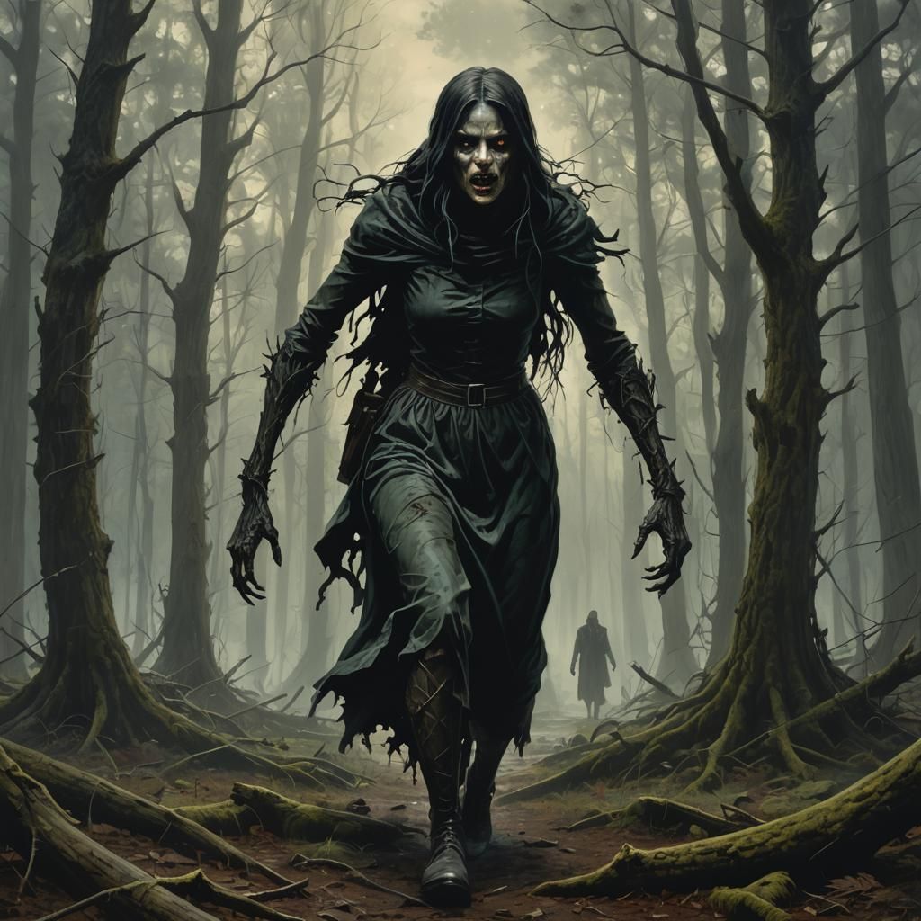 Fantasy horror, a young woman crossing the haunted forest, a large ...