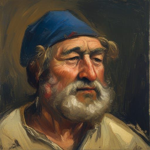 Portrait of a serene bearded tramp, eyes closed, with a half smile ...