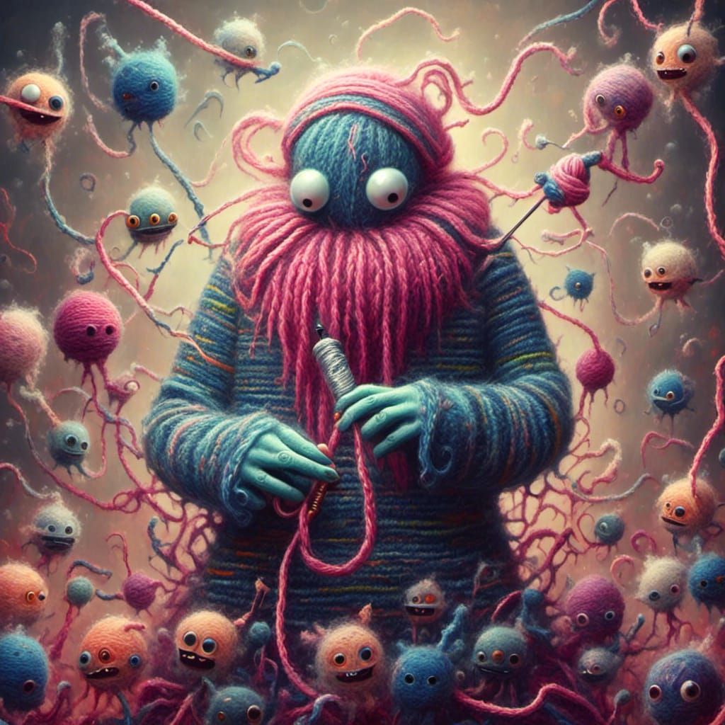 Yarn monster knitting a sweater, pop surrealism - AI Generated Artwork ...