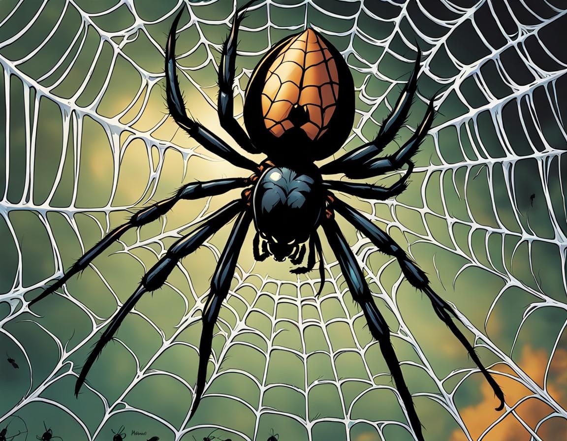 A close up of spiderweb with insects caught in the web and the spider ...