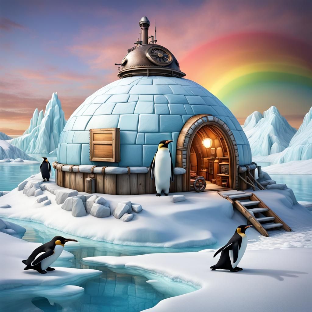 A Photorealistic igloo on a rainbow glacier with Eskimos and penguins ...