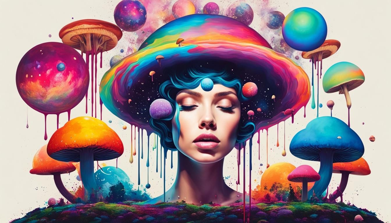 a multicoloured planet dripping with a liquid that forms the body of a ...