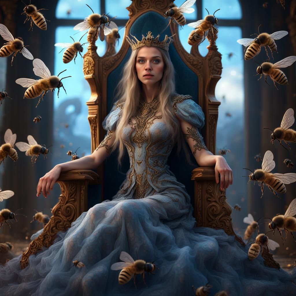 Woman sitting on a throne with bees see through dress pale skinn long ...