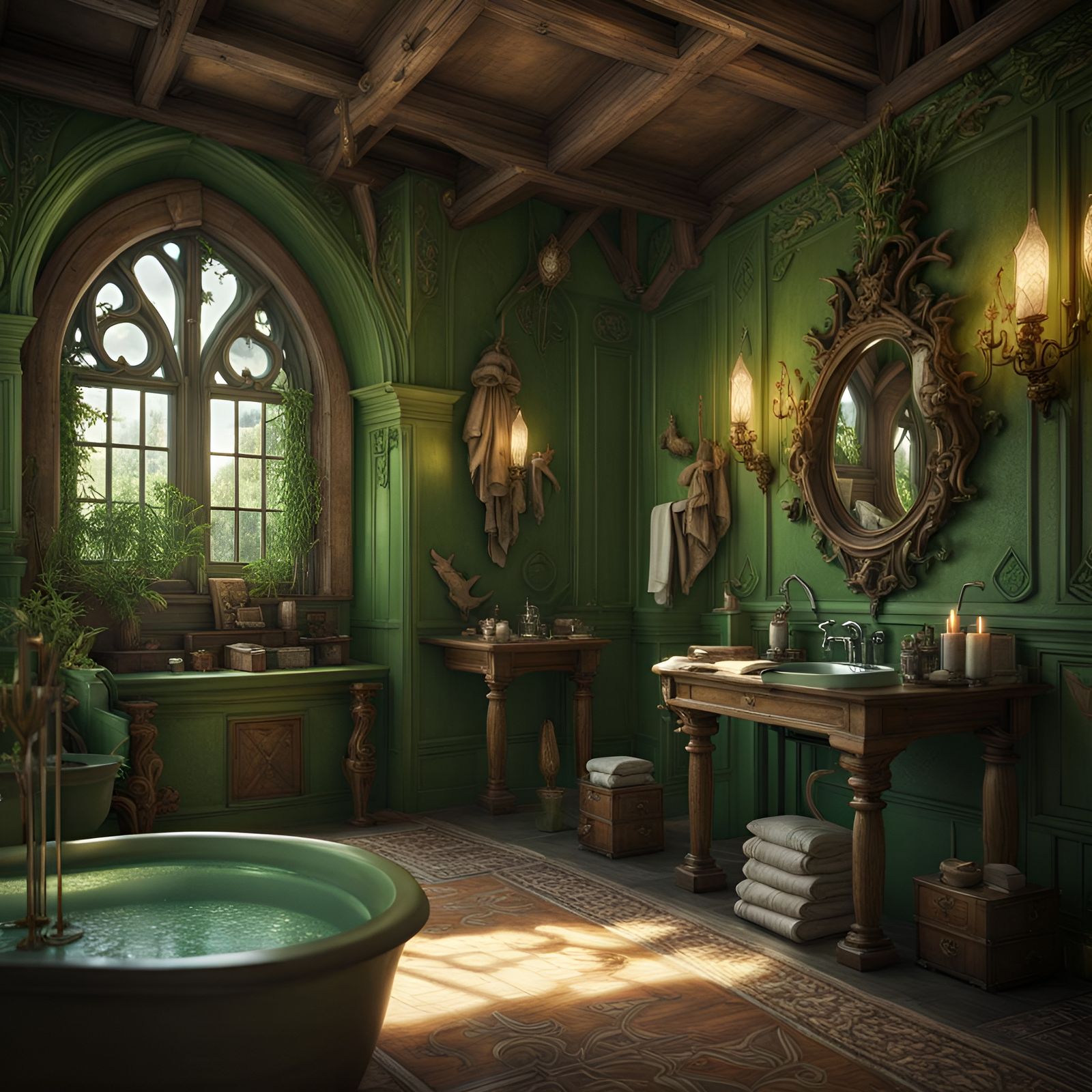 Interior of an elven city renaissance manor house with green colors and ...