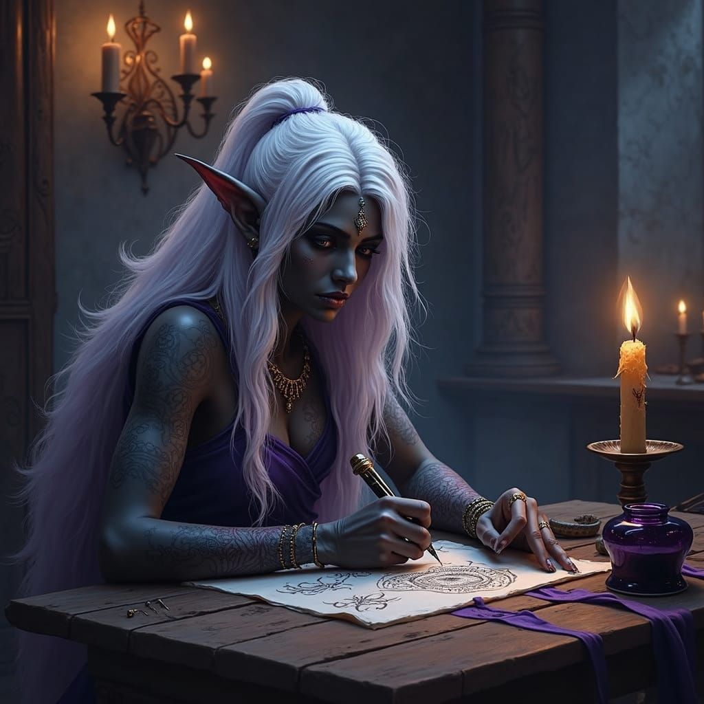Ilvarra, "Needle" Drenas, Half Drow Arcane Tattoo Artist, Mistshore ...