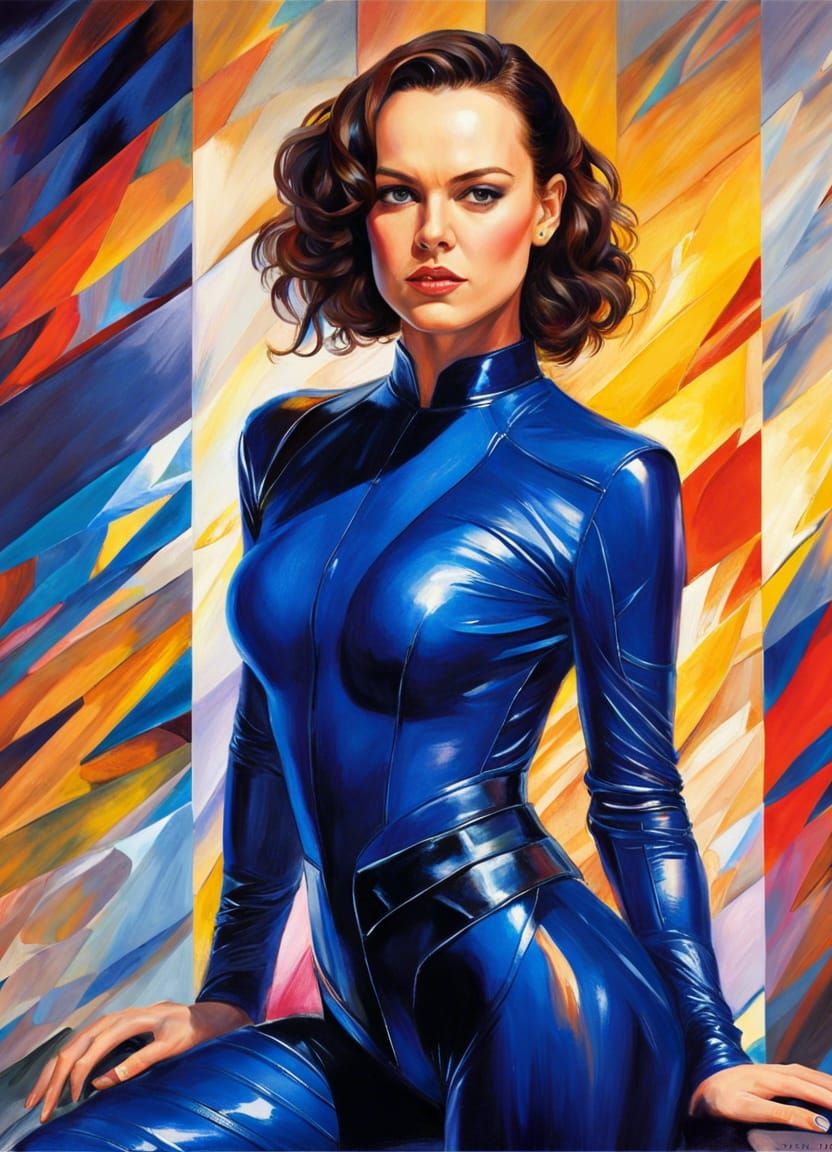 Daisy Ridley in midnight blue leather catsuit in an art gallery - AI ...
