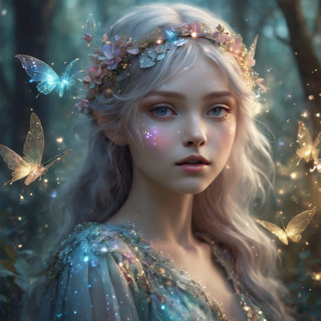 Whimsical Pixie in Vibrant, Shimmering Forest - AI Art