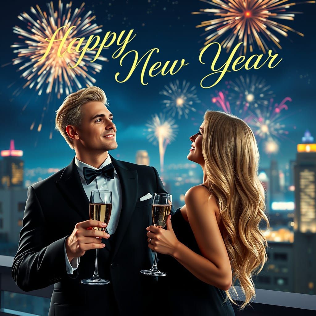 Dashing Couple Celebrating New Year's Eve in a Vib... - AI Art
