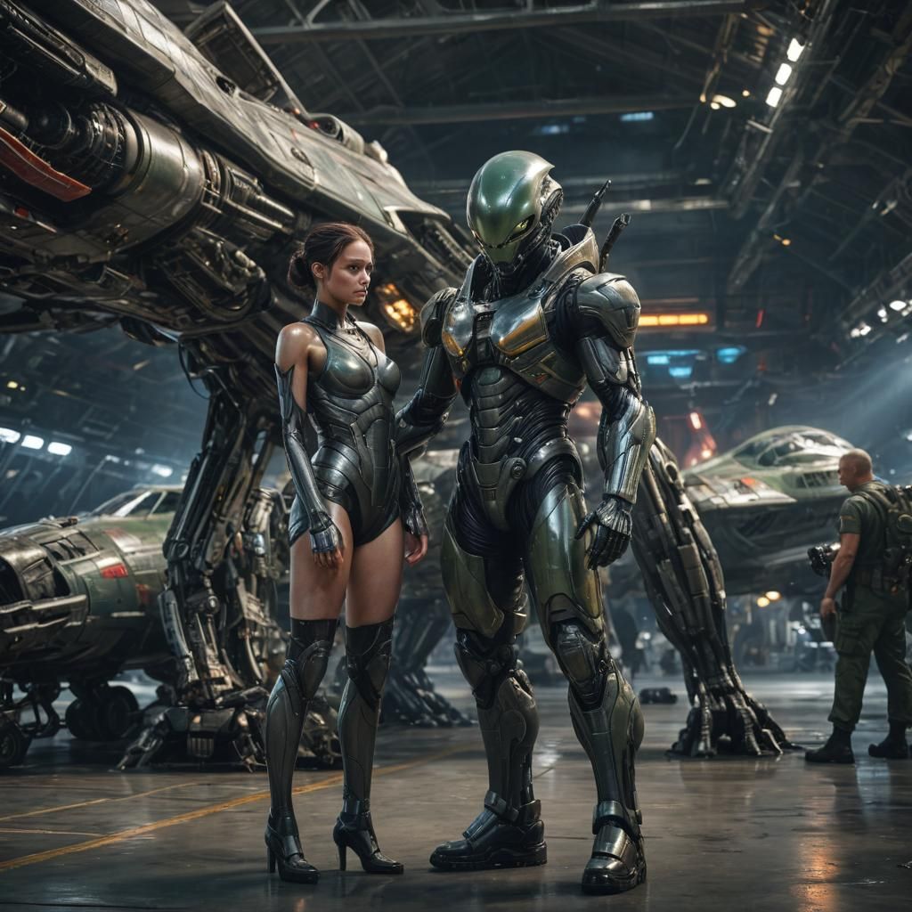 Hyperrealistic Alien Couple in Military Hangar - AI Art