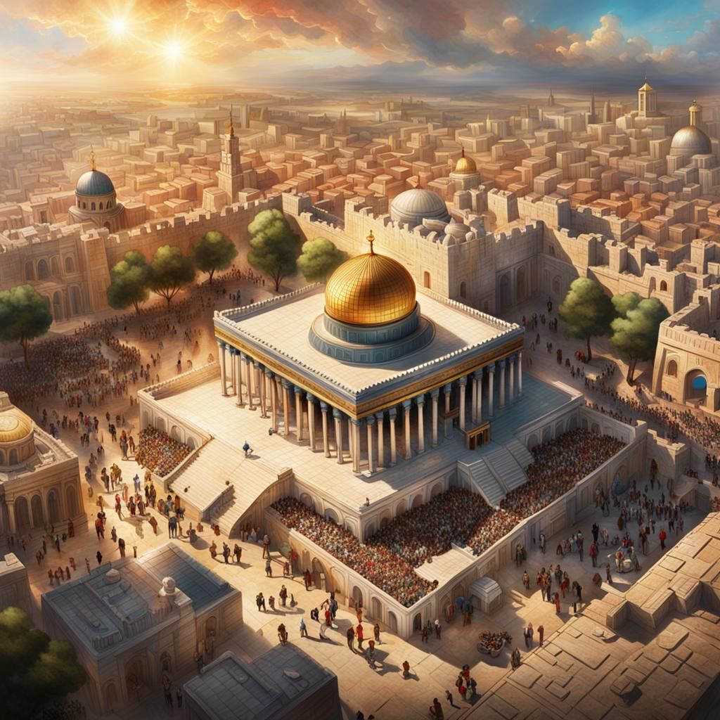 Overhead shot of King Solomon's Jerusalem Temple filled with a glowing cloud and people backing ...