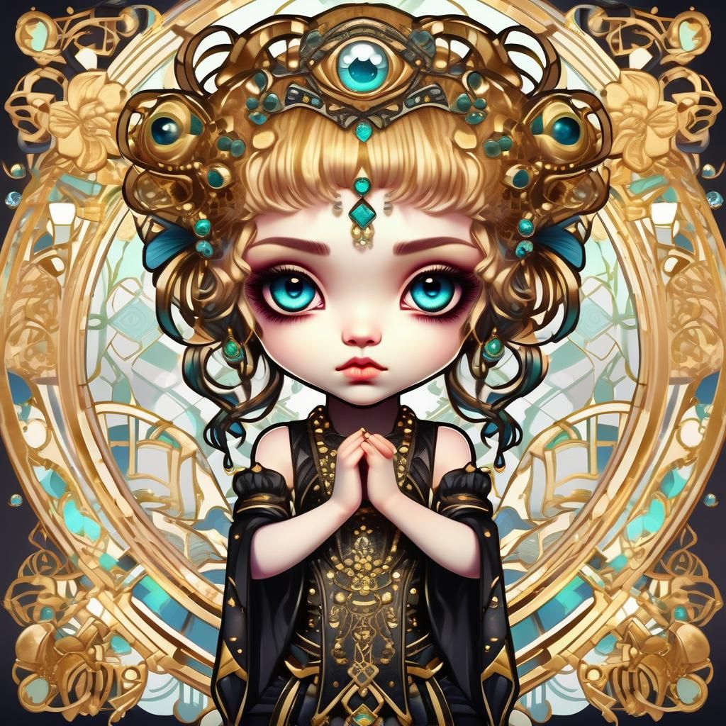 Art Nouveau Punk: Beautiful chibi goddess, large bright expressive eyes ...