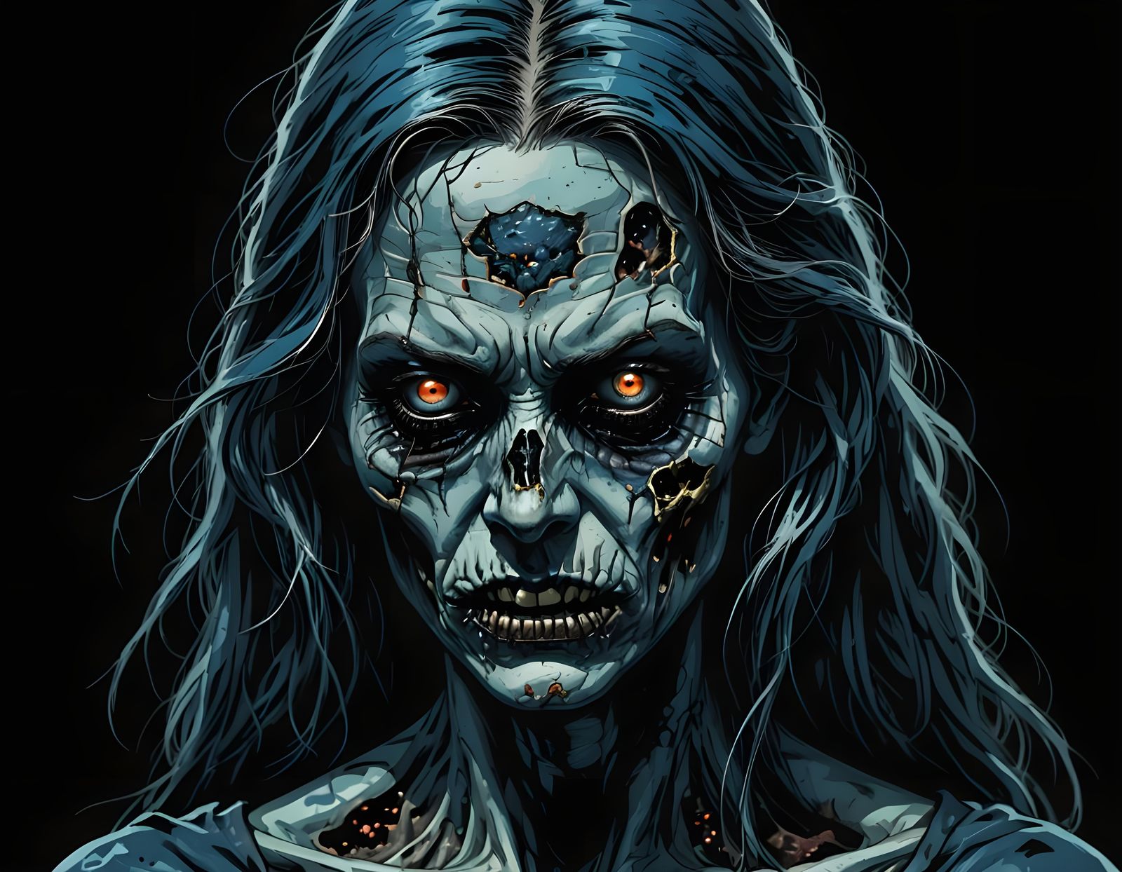 Grim blue zombie woman face on black background.