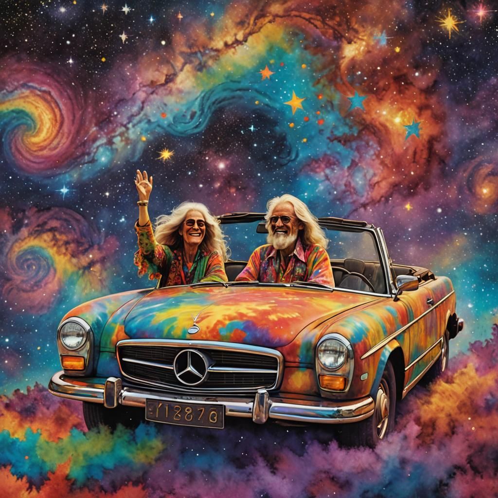 hippie couple fly joyfully through galaxy - AI Generated Artwork ...