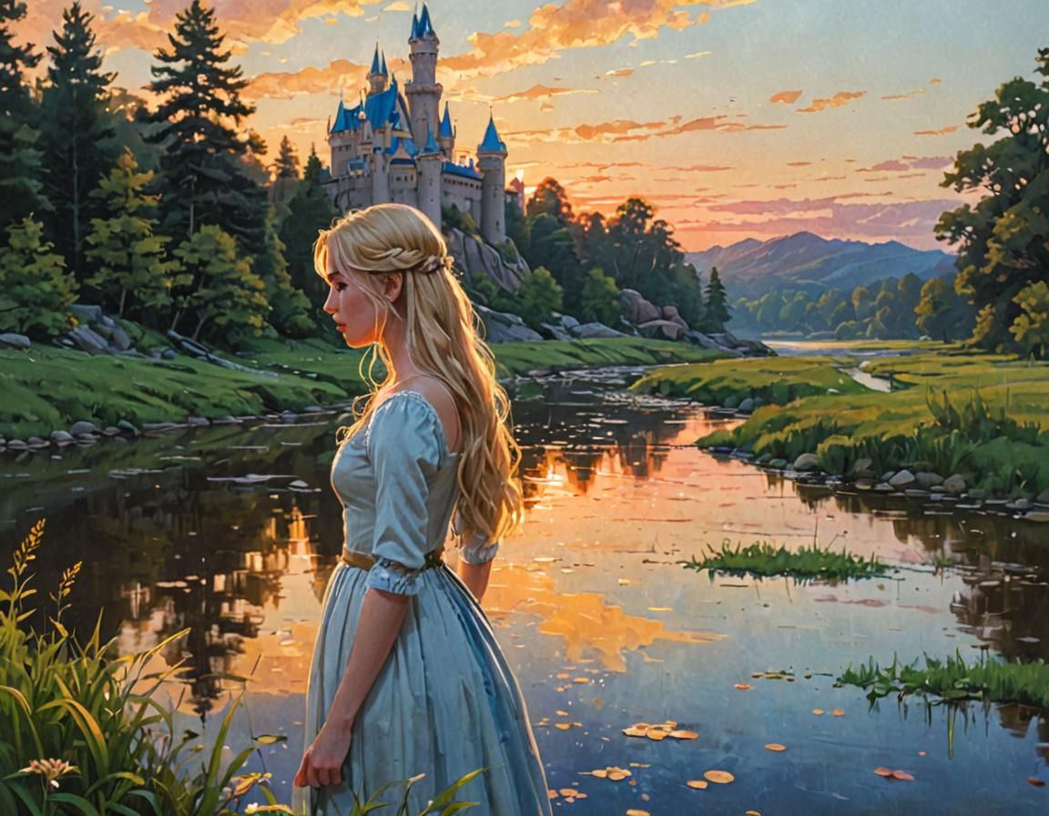 Acrylic painting of a princess, looking to the painter, with long blond ...