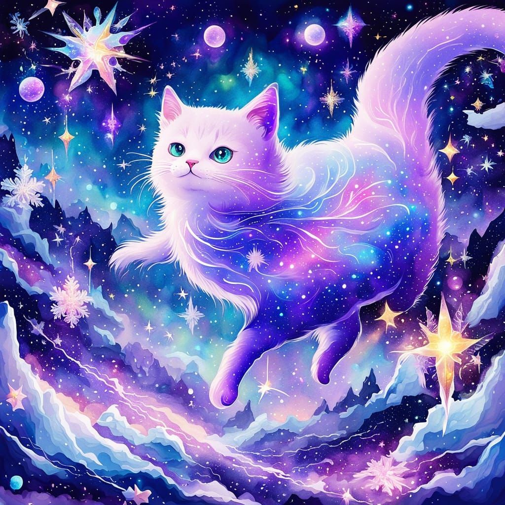 Cosmo Cat🪐 - Vibrant Cosmic Cat in Whimsical Watercolor Sty...