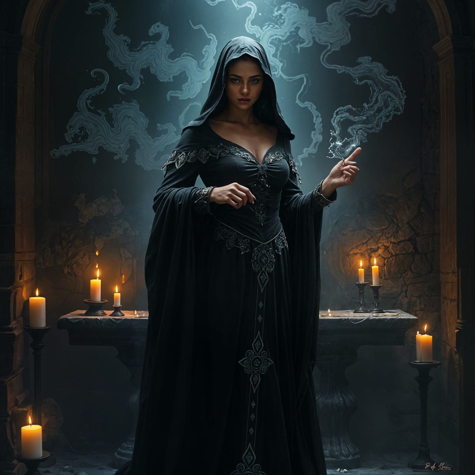 In a dimly lit chamber, a female necromancer stands before an ancient ...