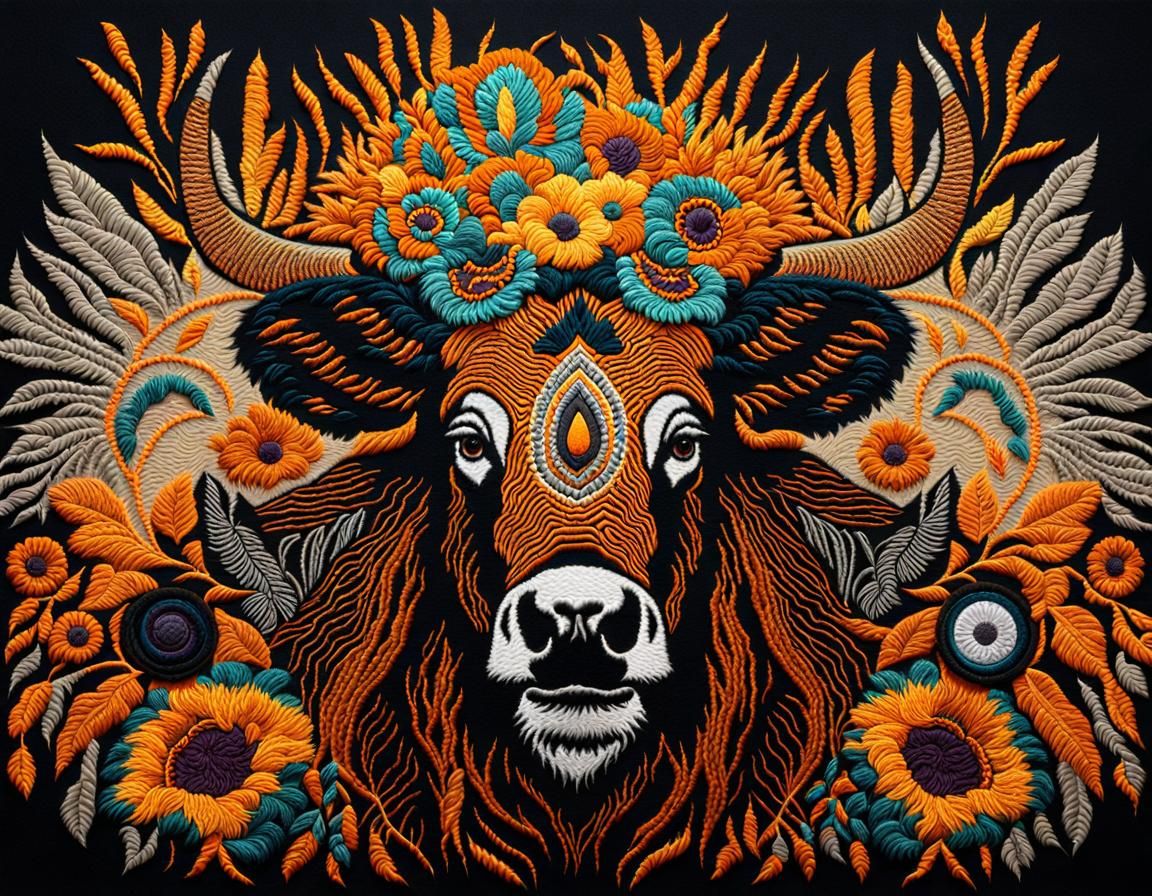 Embroidered cow - AI Generated Artwork - NightCafe Creator