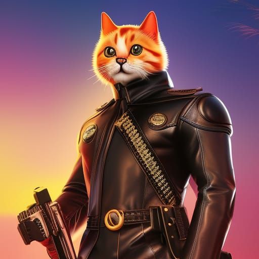 cute cat, wearing a leather bodyguard suit, full boddy, vivid colors ...
