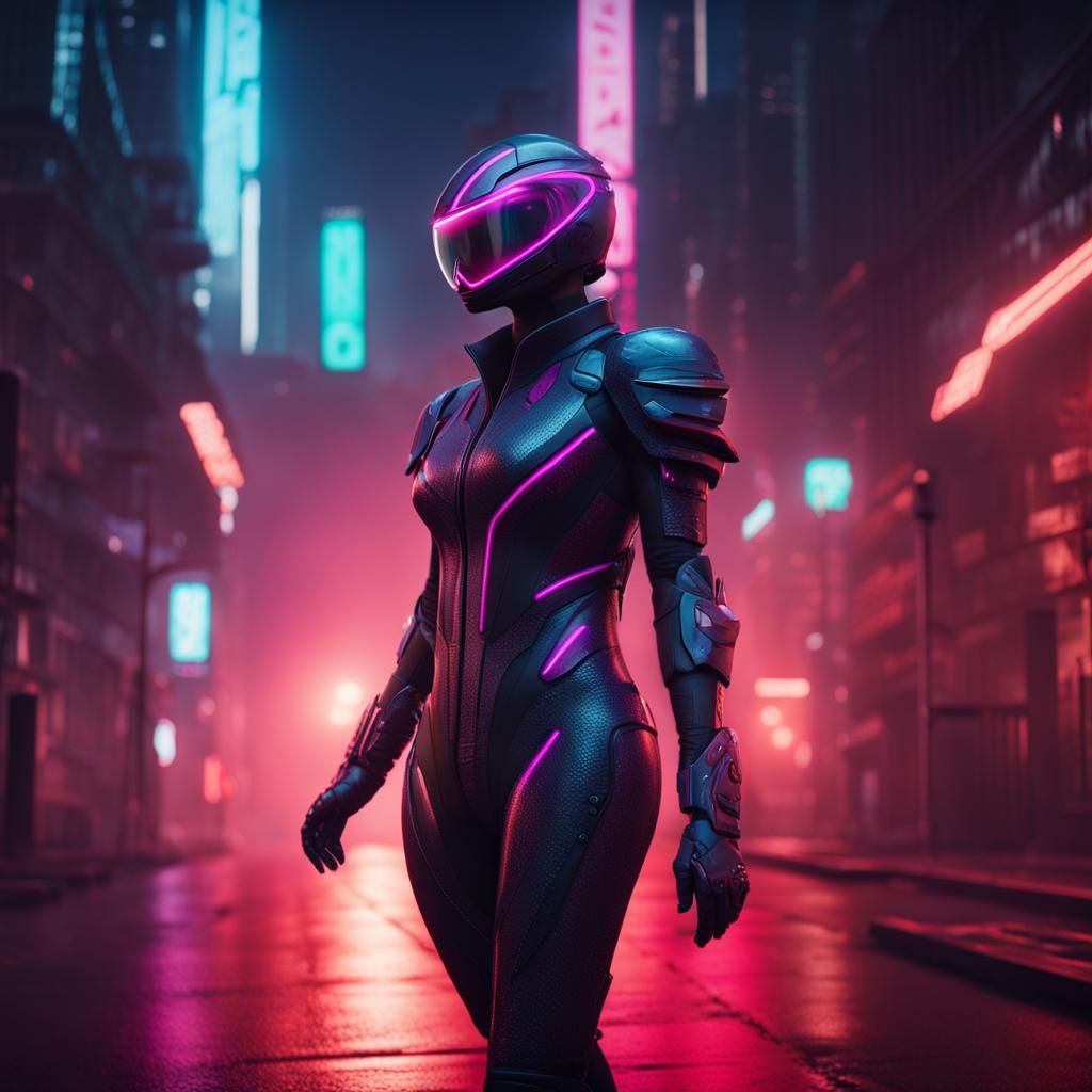 street photo of a in a futuristic suit, neon, previa, hazy, foggy - AI ...