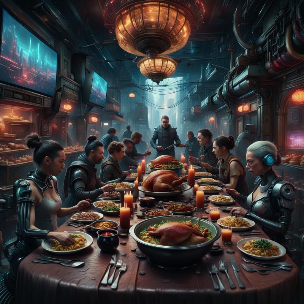 Thanksgiving dinner, cyberpunk style Epic cinematic brilliant stunning ...