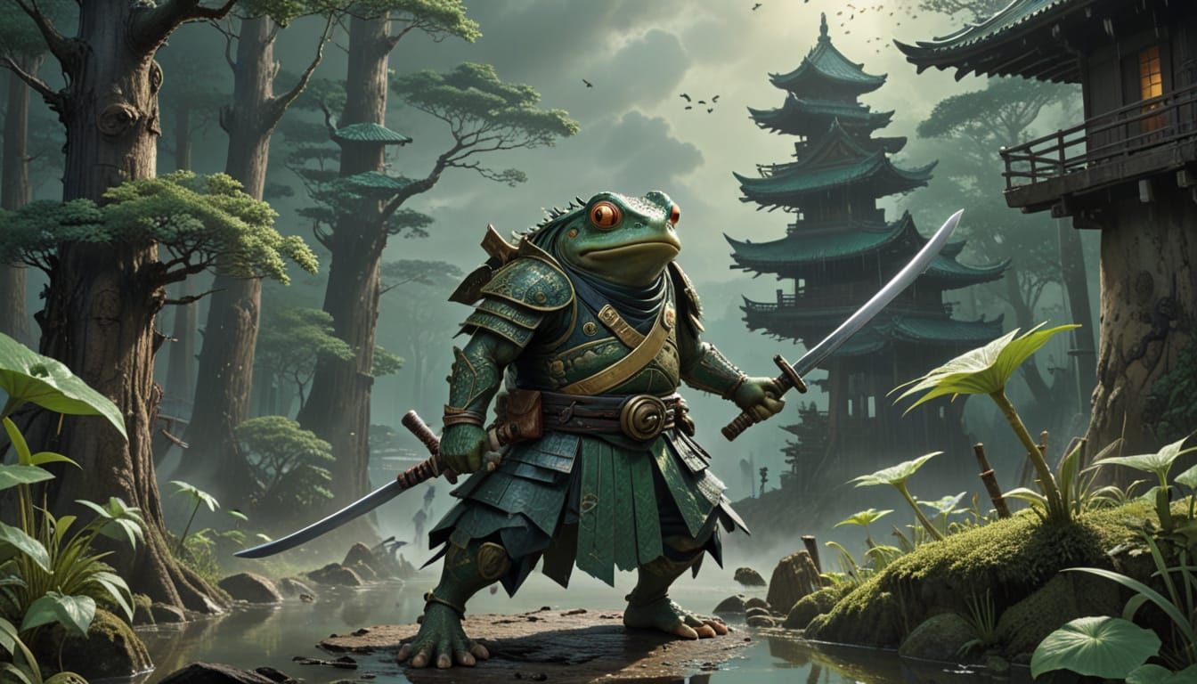 Humanoid Frog Samurai Warrior in Moonlit Forest - AI Art