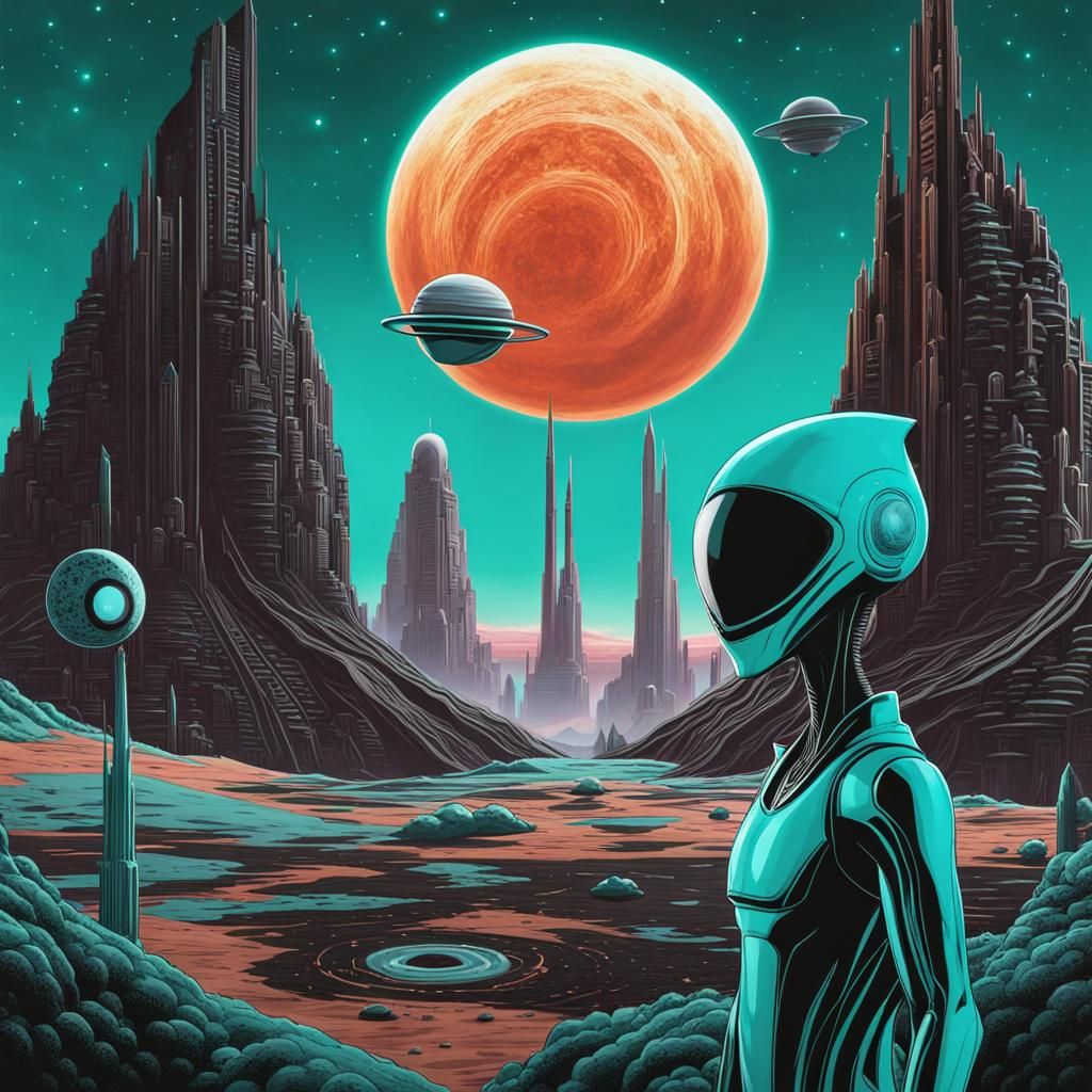 Alien in front of an alien city on an turquoise garden planet with a ...