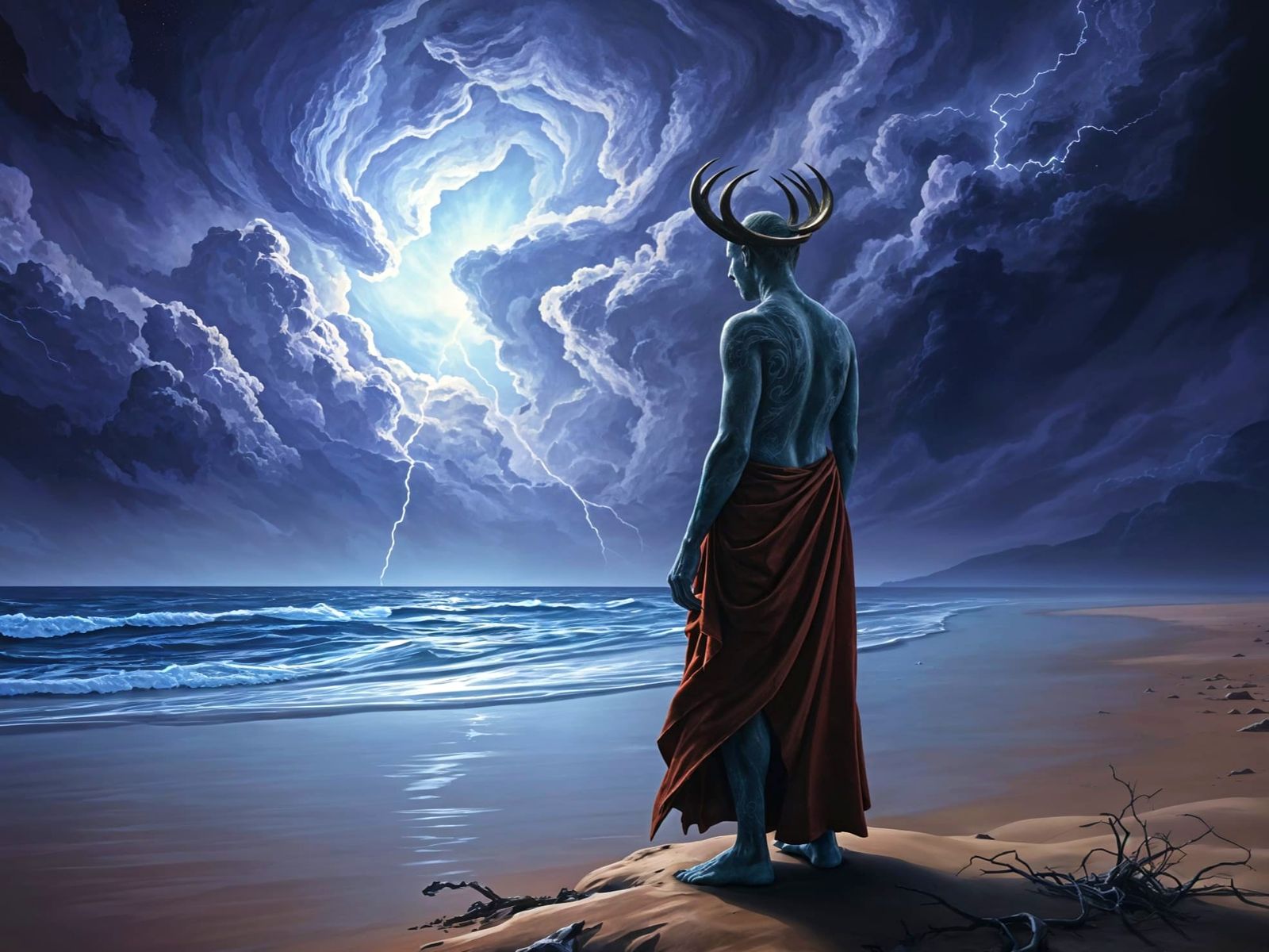 The Approaching Storm - Regal Alien Figure on Windswept Beac...