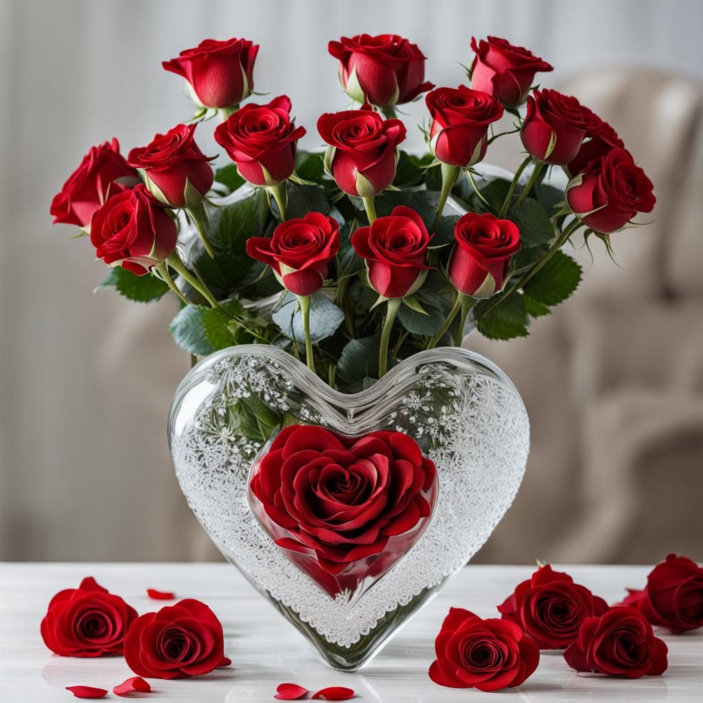 heart shaped glass vase full of glass red roses : r/nightcafe