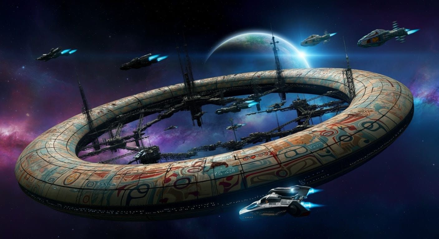 A colossal, sprawling, toroidal space station spreads across the ...