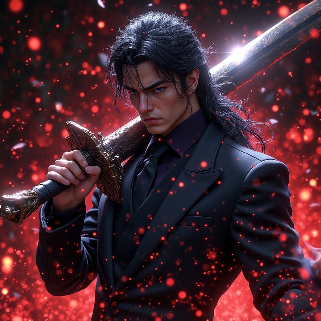 Rugged Anime Hero with a Sword, in a Dramatic Sett... - AI Art