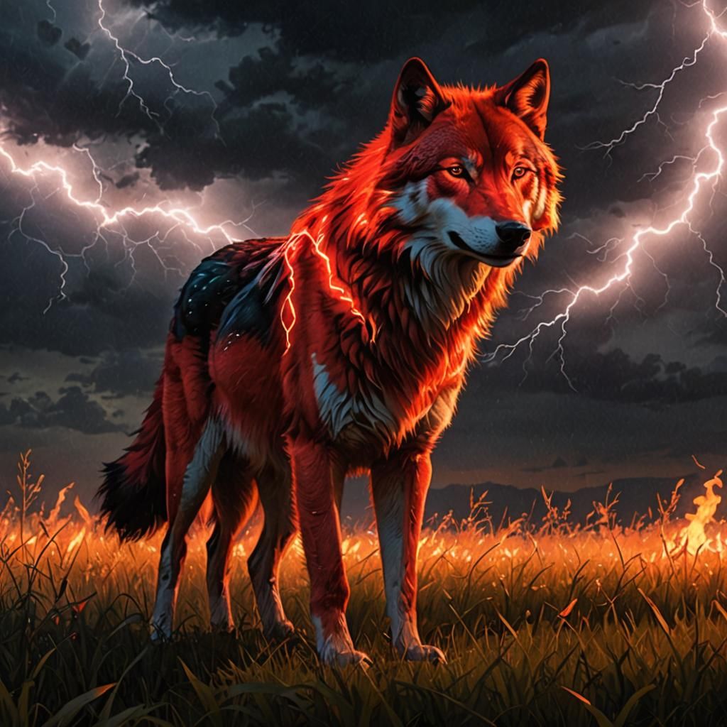 a red glowing wolf that is standing in a field, realistic, lightning ...