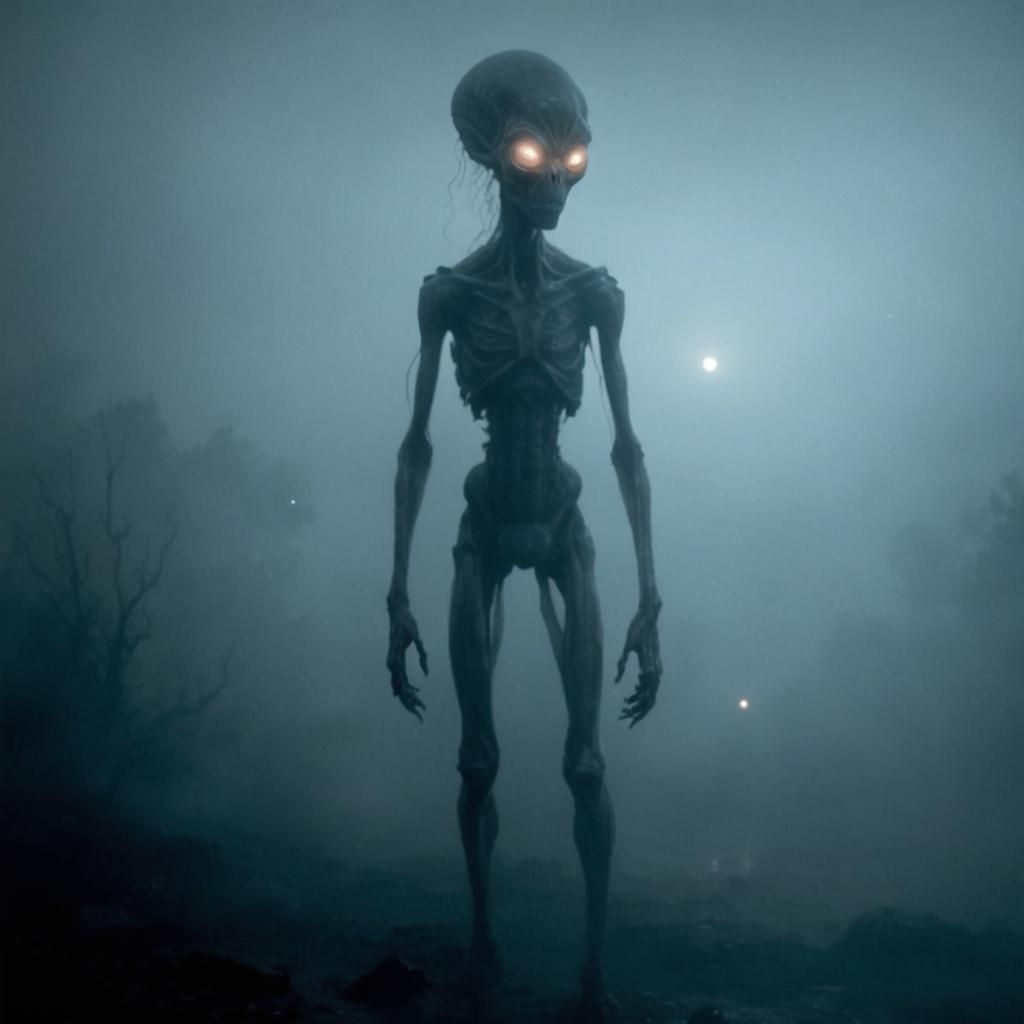 Very creepy and scary image of an alien in the fog at night. horror ...